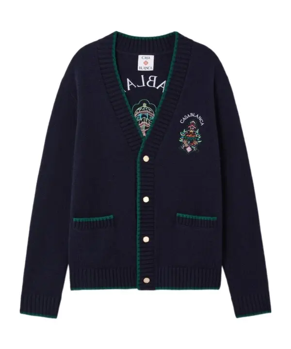 Casablanca Hotel Emblem Embroidered Wool Cardigan - Black