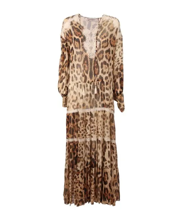 Ermanno Scervino Leopard-print Lace-trimmed Maxi Dress - Brown