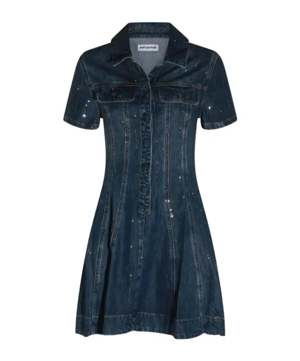 SELF-PORTRAIT Rhinestone Stripe Denim Mini Dress - Black