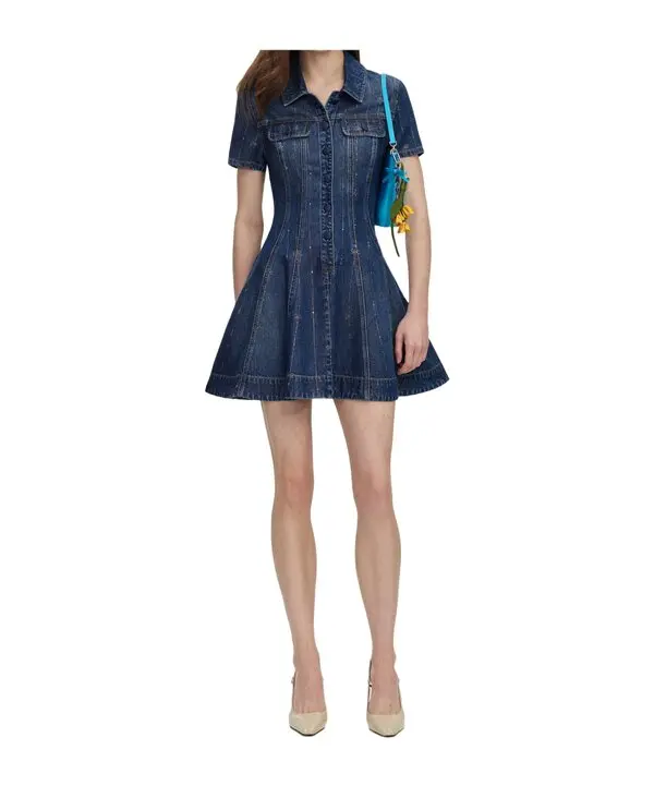 SELF-PORTRAIT Rhinestone Stripe Denim Mini Dress - Black