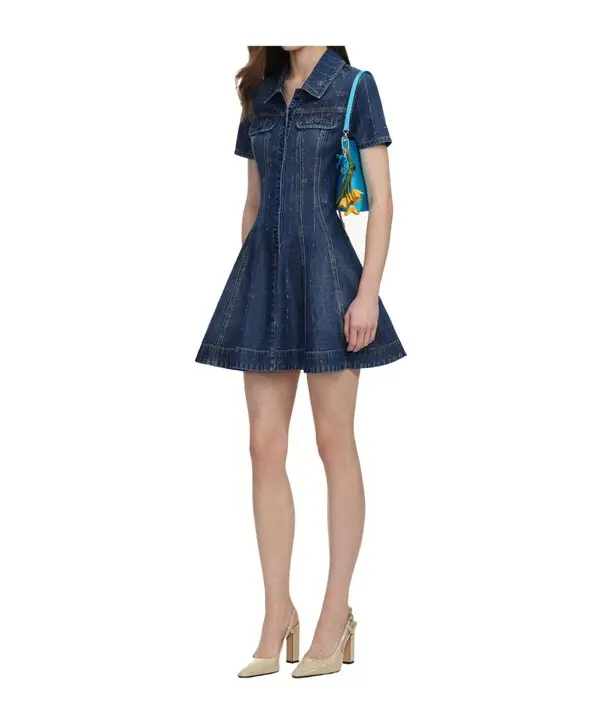 SELF-PORTRAIT Rhinestone Stripe Denim Mini Dress - No