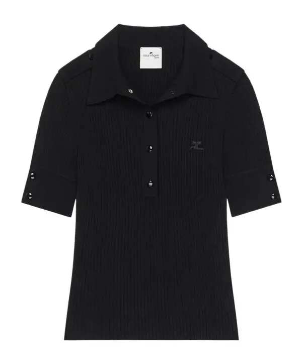 COURREGES Ribbed Knit Short-sleeved Polo Shirt With Embroidered Logo