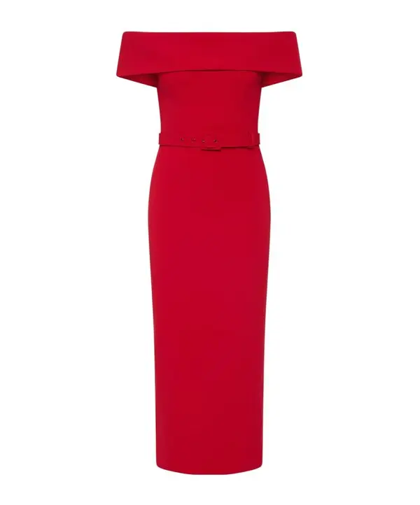Rebecca Vallance Precious Belted Off-the-shoulder Midi Dress - Red