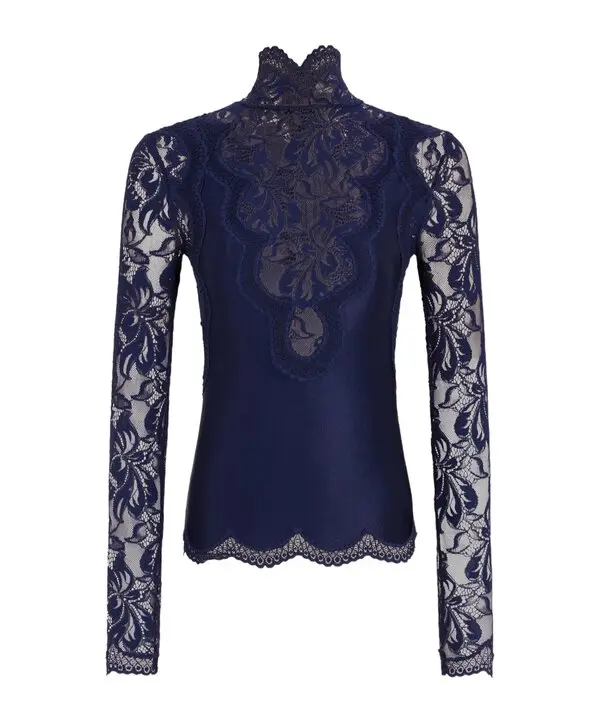 Rabanne Long Sleeve Lace High Neck Top - Navy