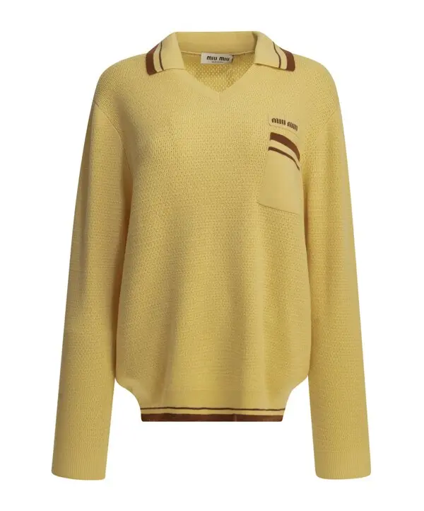 Miu Miu Cashmere V-neck Sweater With Embroidered Logo And Striped Details - Yellow