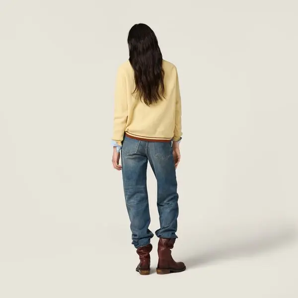 Miu Miu Cashmere V-neck Sweater With Embroidered Logo And Striped Details - Yellow