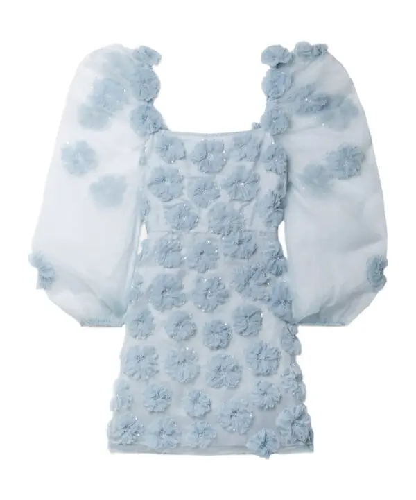 LoveShackFancy Wells Appliqued Organza Mini Dress - Blue