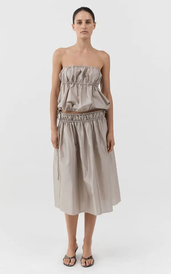 ST. AGNI Paper Taffeta Smocked Silk Drawstring Top