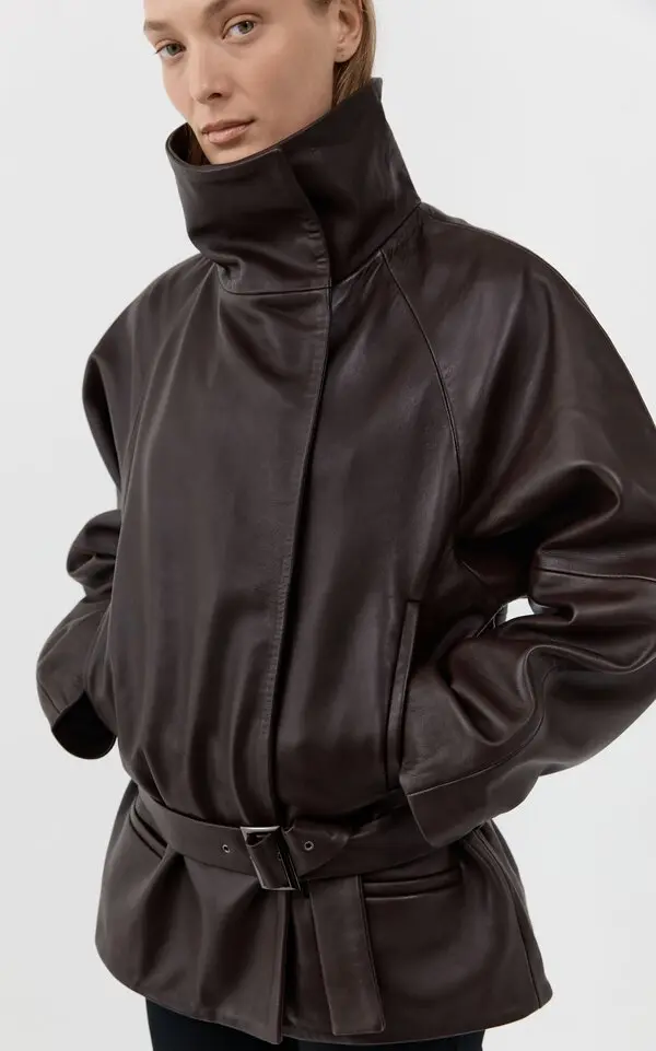ST. AGNI Cinch Lambskin Leather Jacket - Brown