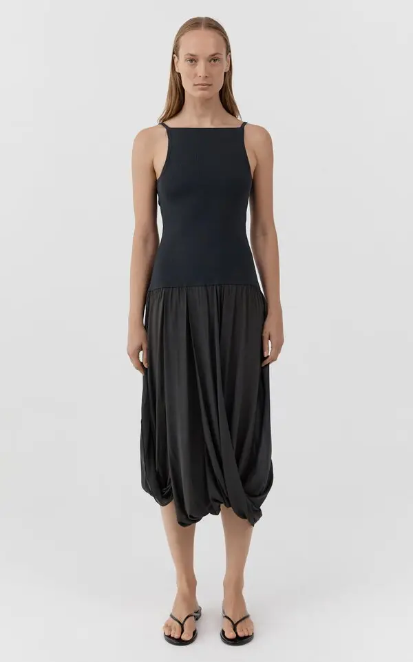 ST. AGNI Knit Bodice Drape Sheer Dress