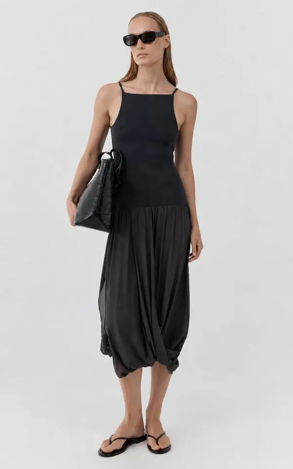 ST. AGNI Knit Bodice Drape Sheer Dress
