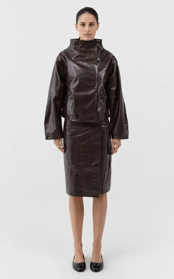 ST. AGNI Everyday Wrap Crocodile-effect Leather Skirt