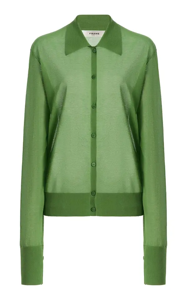FRAME Collared Cotton-blend Cardigan - Green