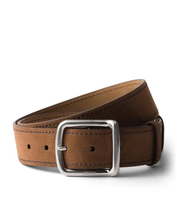 Prada Nubuck Leather Belt With Engraved Buckle - Brown