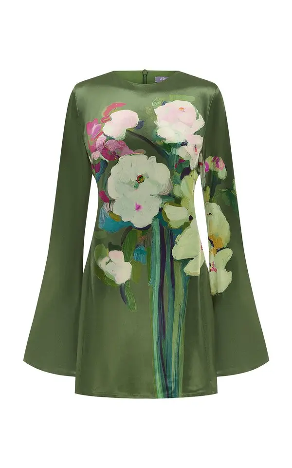 LEO LIN Suzanne Velvet Bell Sleeve Mini Dress Reverie Print - Olive