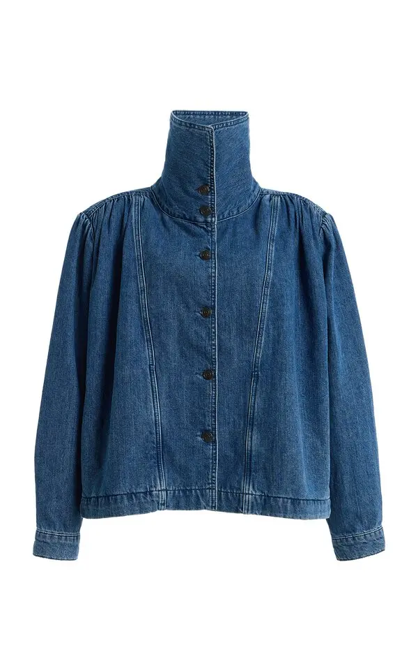 ROTATE BY BIRGER CHRISTENSEN Gathered High Neck Denim Jacket - Blue