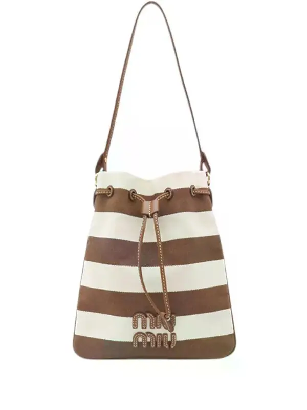 Miu Miu Striped Canvas Logo Drawstring Handbag