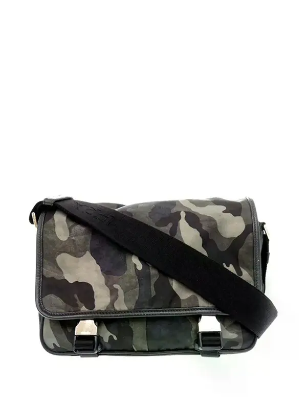 Prada Saffiano Trimmed Tessuto Camouflage Double Buckle Messenger Bag - Brown