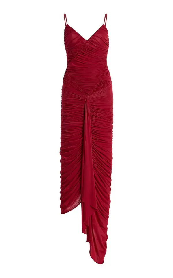 MAYGEL CORONEL Ruched Jersey Maxi Dress With Asymmetrical Hem - Red