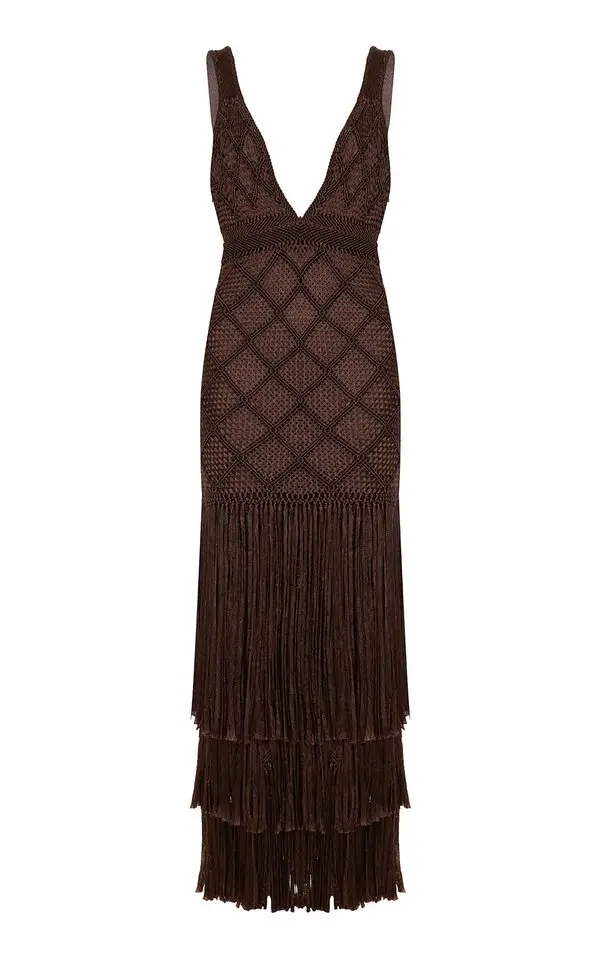PALMA CANARIA Liana Handwoven Macramé Fringe Maxi Dress