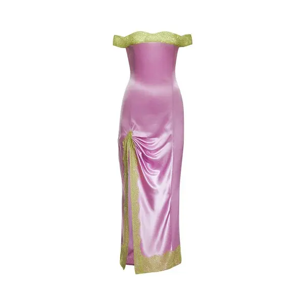 MAISON SEL Lilac Silk Dress With Green Lace Aplique Details - Pink