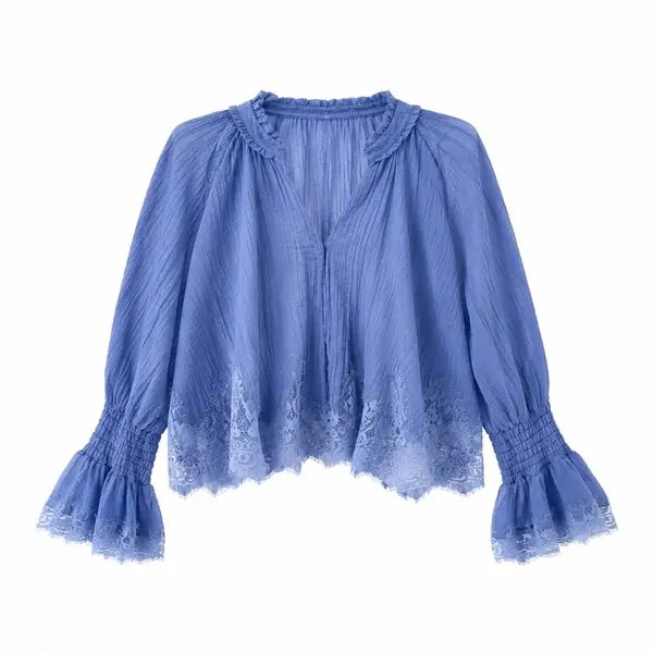 IZABELA MANDOIU Elegant Periwinkle Bohemian Blouse With Delicate Lace Embroidery And Romantic Bell Sleeves - Blue
