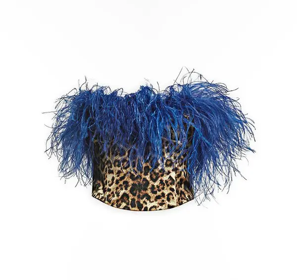 MAISON SEL Leopard Print Silk Corset With Ostrich Bust - Blue