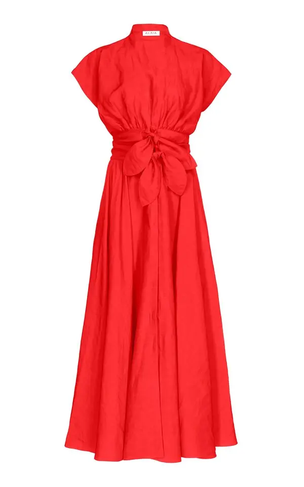 Alaïa Tie-detailed Slub Linen Midi Dress - Red