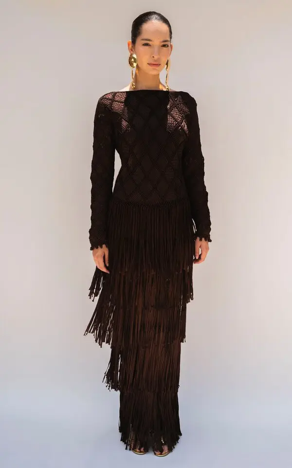 PALMA CANARIA Ahura Handwoven Macramé Fringe Maxi Dress