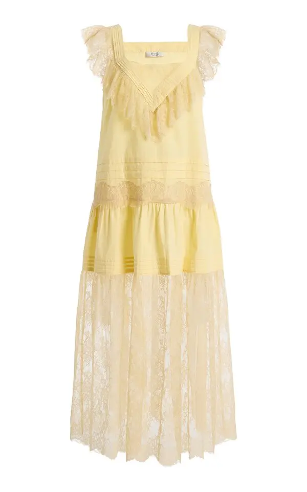 Sea Hilda Pleated Lace Midi Dress - Yellow