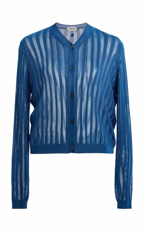 Versace Knitted Mesh Ribbed V-neck Sweater - Blue