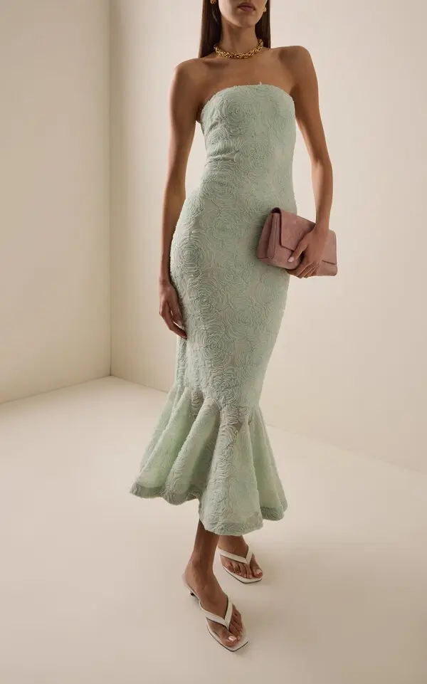 ROTATE BY BIRGER CHRISTENSEN Strapless Mesh Flounce Midi Dress