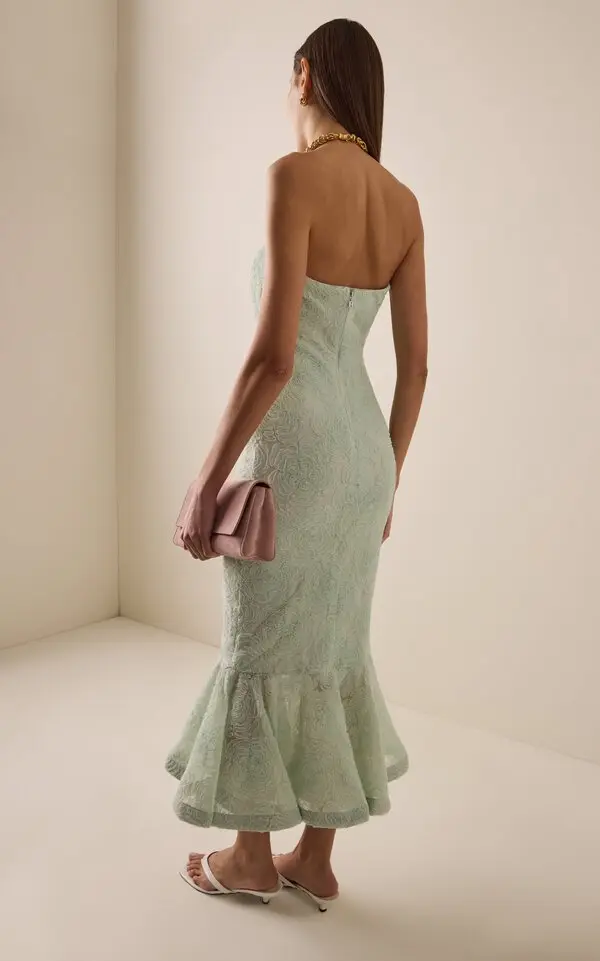 ROTATE BY BIRGER CHRISTENSEN Strapless Mesh Flounce Midi Dress