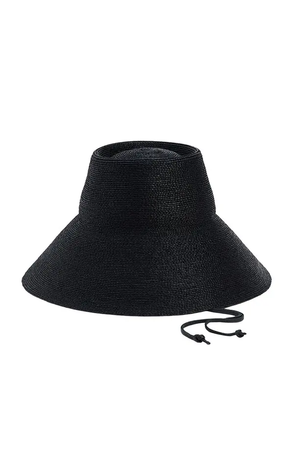 Janessa Leoné Suni Raffia Straw Bucket Hat With Leather Chin Strap - Black