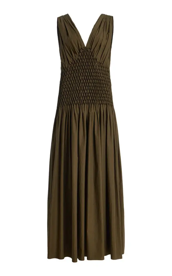 Khaite Nola Pleated Cotton Maxi Dress - Green