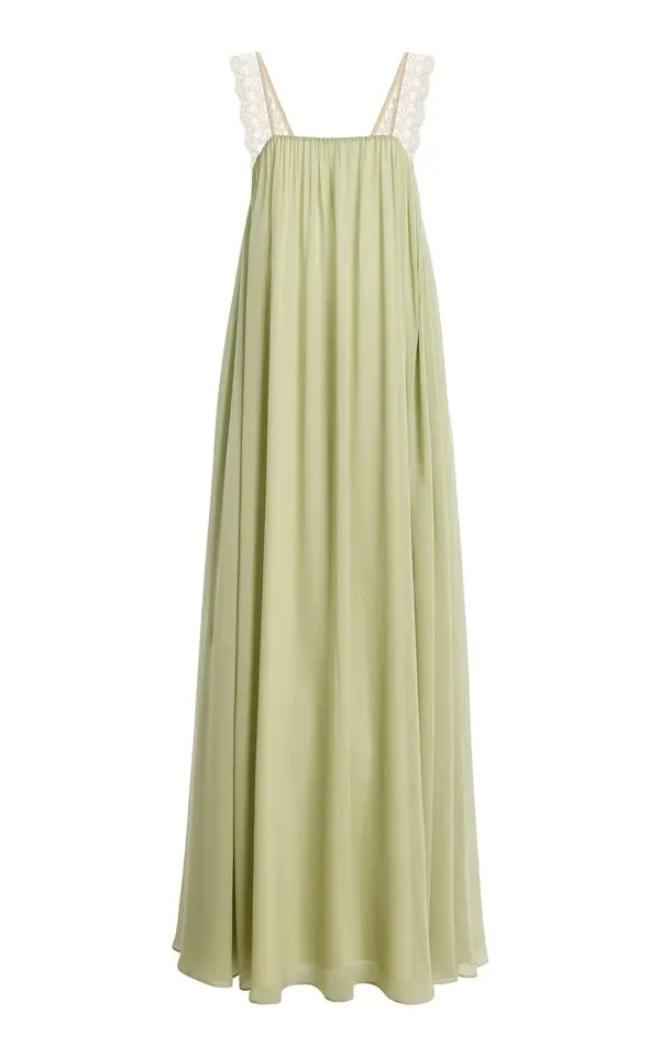 DE LA VALI Carmela Chiffon Maxi Dress With Lace Straps - Green