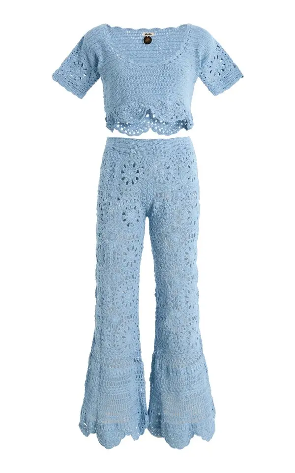 Akoia Swim Crochet Cropped Top And Flare Pants Set - Blue