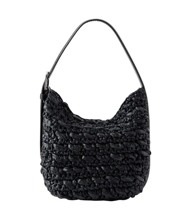 TOTEME Belted Small Leather-trimmed Raffia Shoulder Bag