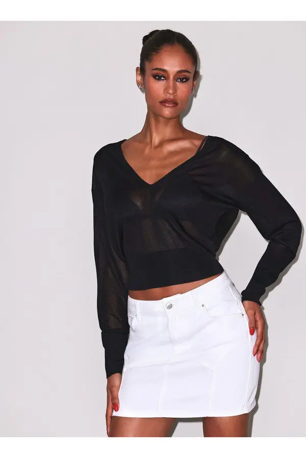 FLEUR DU MAL Sheer Knit V-neck Sweater