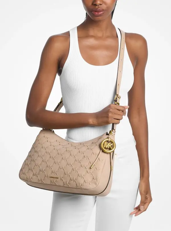 Michael Kors Nolita Medium Whipstitched Logo Leather Shoulder Bag - Natural