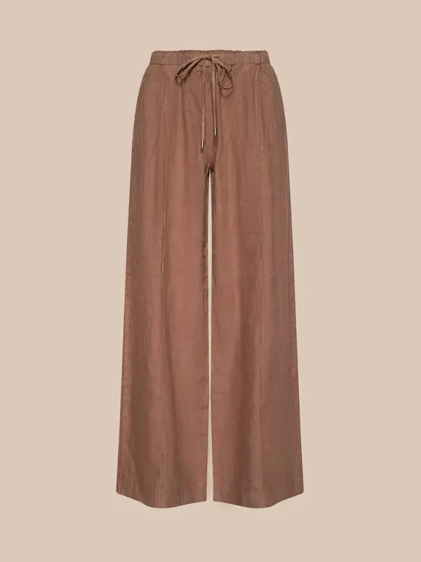 L'Agence Connie Linen Drawstring Wide Leg Trousers - Hazelnut