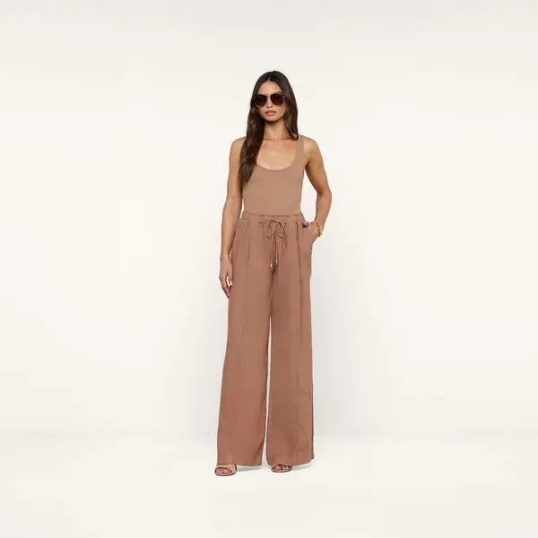 L'Agence Connie Linen Drawstring Wide Leg Trousers - Hazelnut