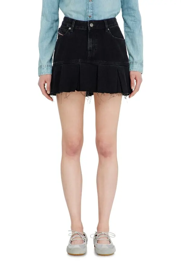 DIESEL® Denim Mini Skirt With Frayed Pleated Hem - Black