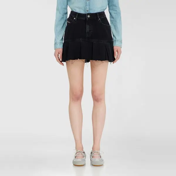 DIESEL® Denim Mini Skirt With Frayed Pleated Hem - Black