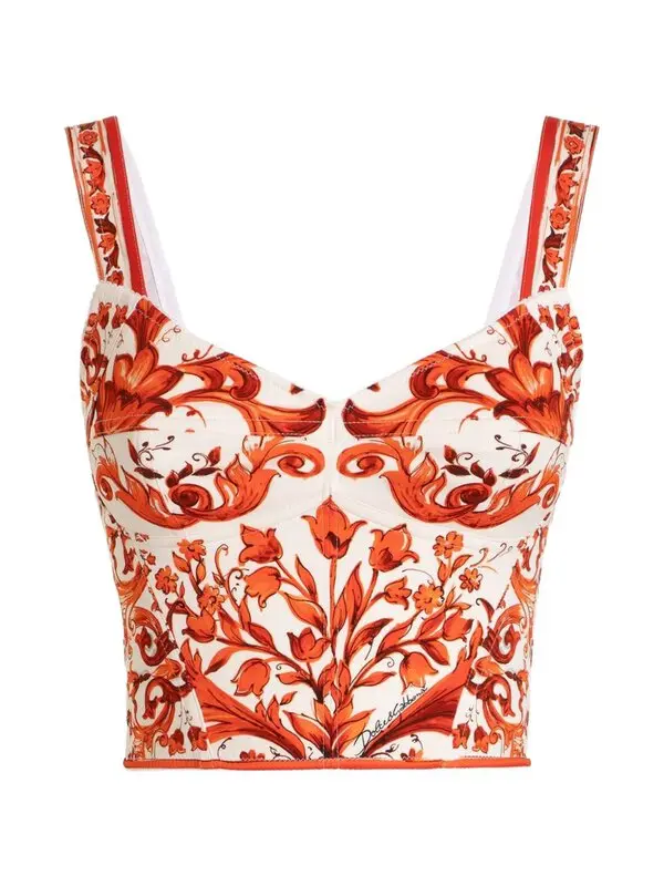 Dolce & Gabbana Maiolica Print Silk Sweetheart Neck Top - Multicolor