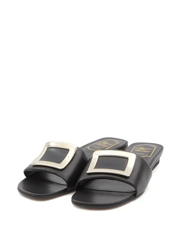 ROGER VIVIER Black Leather Metal Detail Square Toe Slides - Multicolor