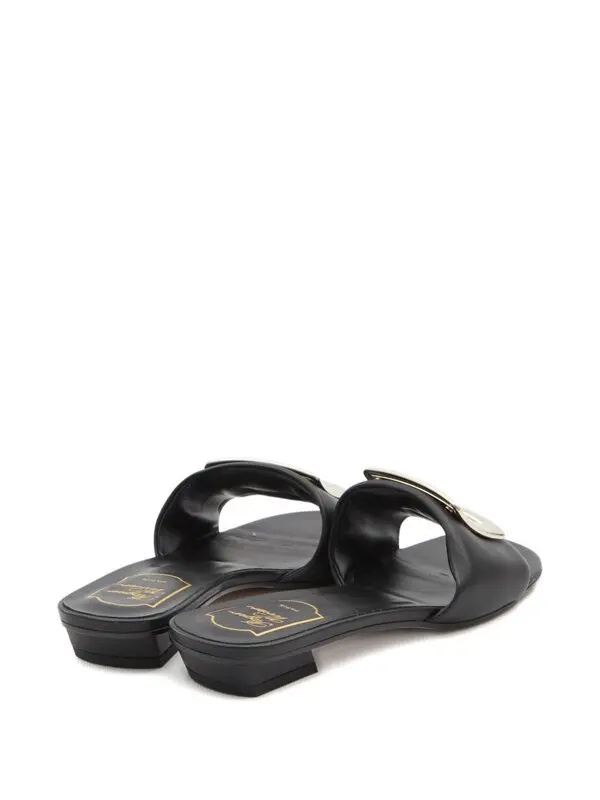 ROGER VIVIER Black Leather Metal Detail Square Toe Slides - Multicolor
