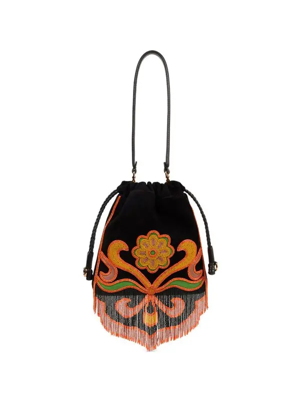 Etro Suede Leather Bucket Bag With Beaded Embellishment And Fringe - Multicolor