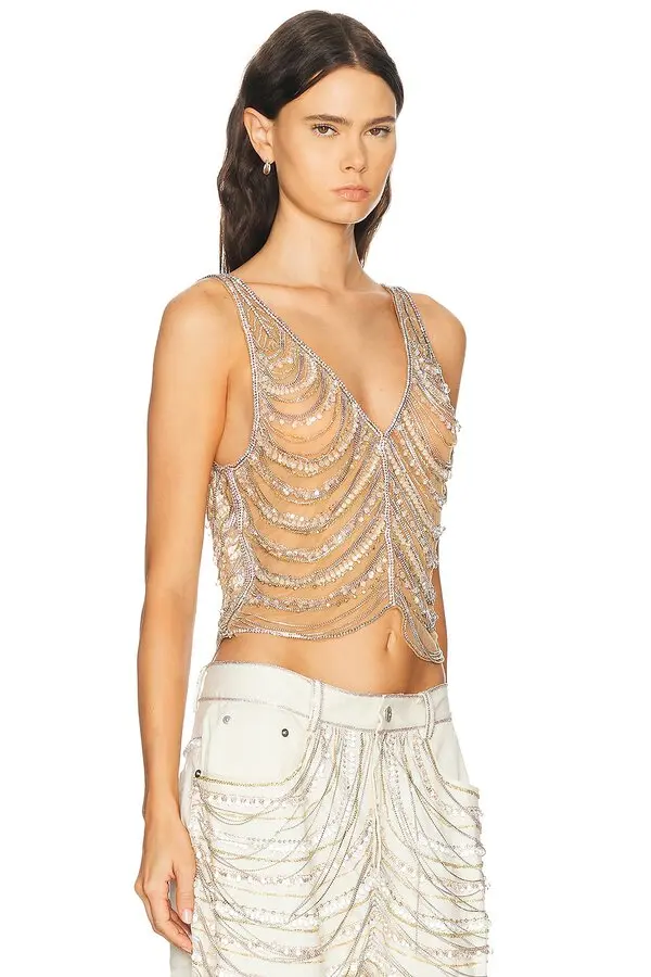 Lapointe Draped Crystal Embroidery V Neck Tank Top