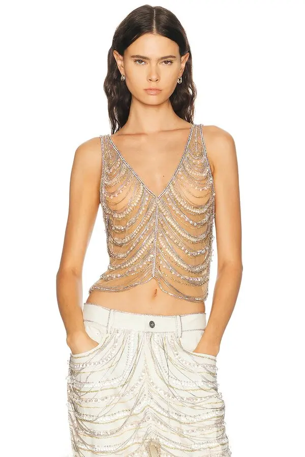 Lapointe Draped Crystal Embroidery V-neck Tank Top - Silver